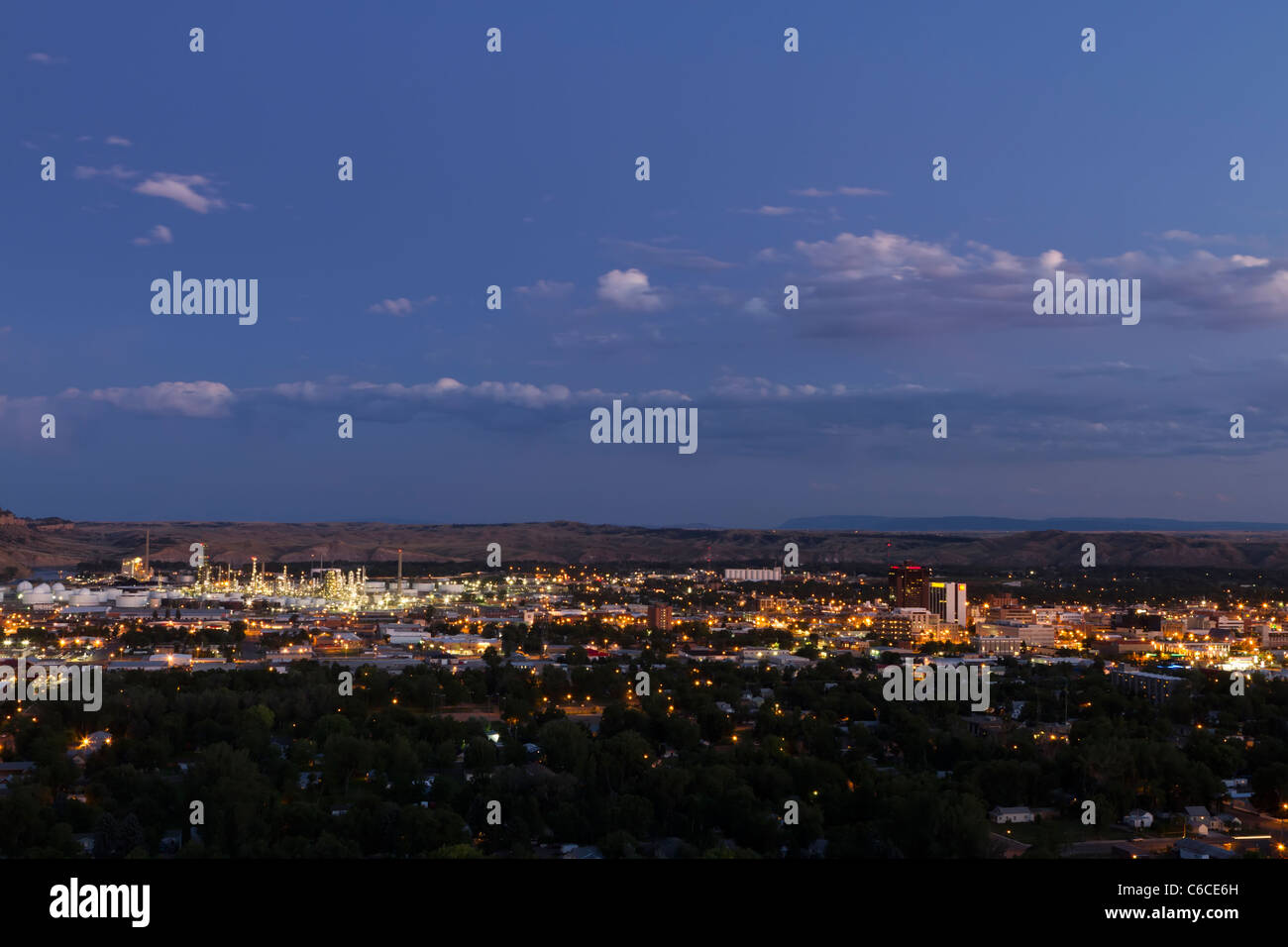 View of Billings, Montana, at dusk showing the oil refinery on the ...