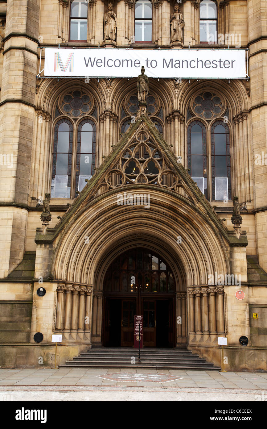 Welcome to Manchester banner on Town hall in Manchester UK Stock Photo ...