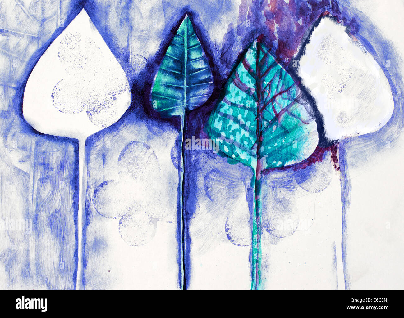 The hand painted painting of stylized trees, similar to leaves Stock ...