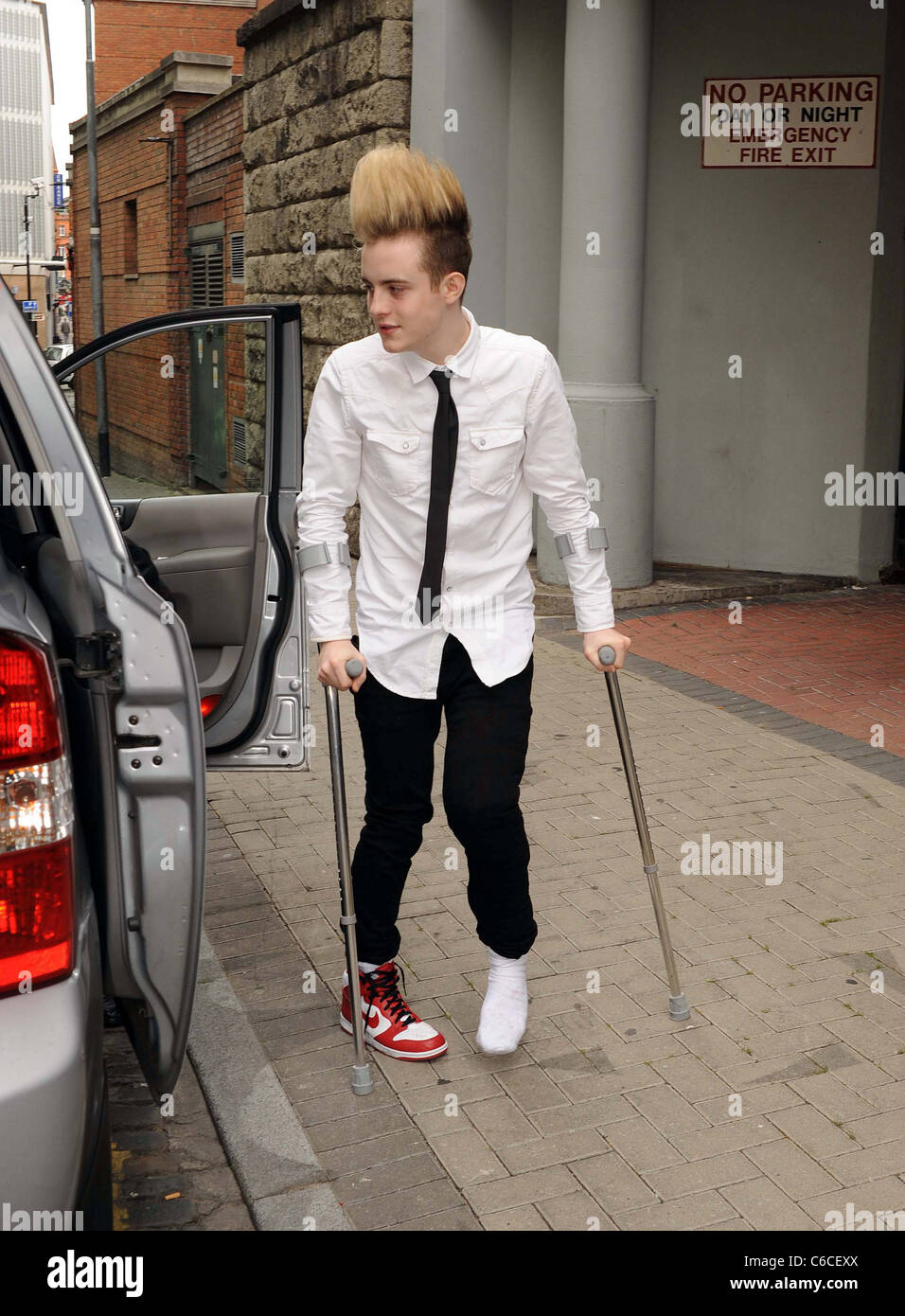 Twins John Grimes and Edward Grimes aka Jedward arrive at Marconi House ...