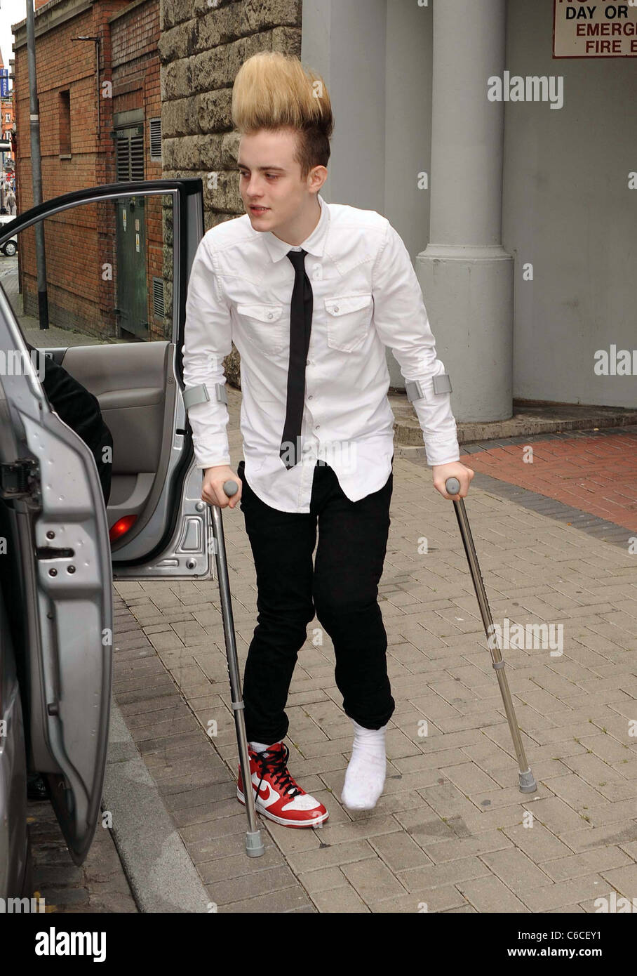 Twins John Grimes and Edward Grimes aka Jedward arrive at Marconi House ...