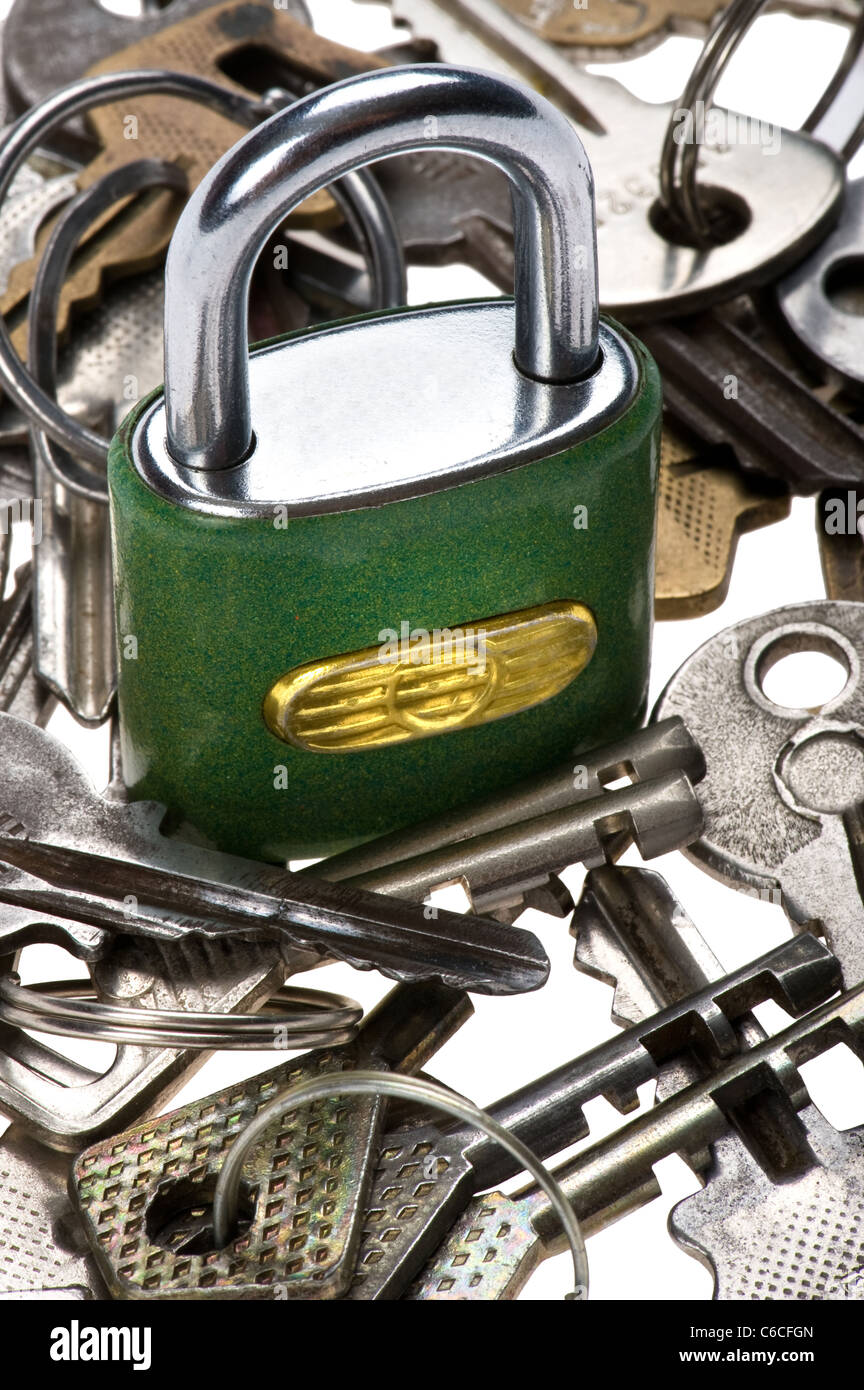 object on white - tool padlock with key close up Stock Photo - Alamy