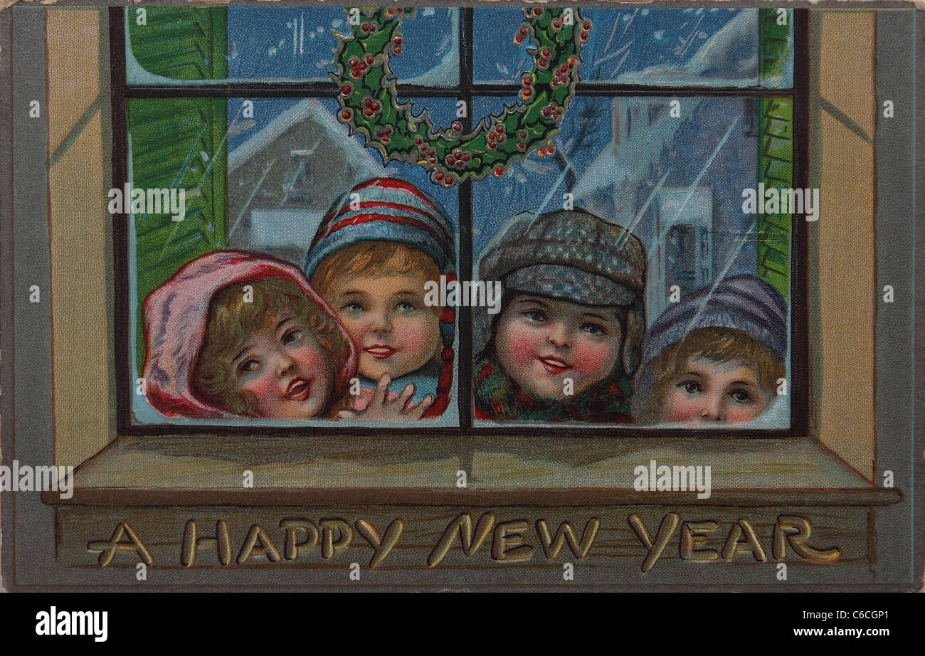 old postcard showing four children in a window Stock Photo - Alamy