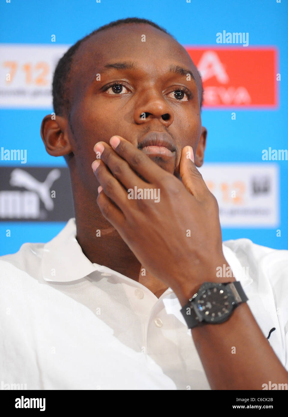 Usain Bolt gives a press conference during the AREVA meeting ...
