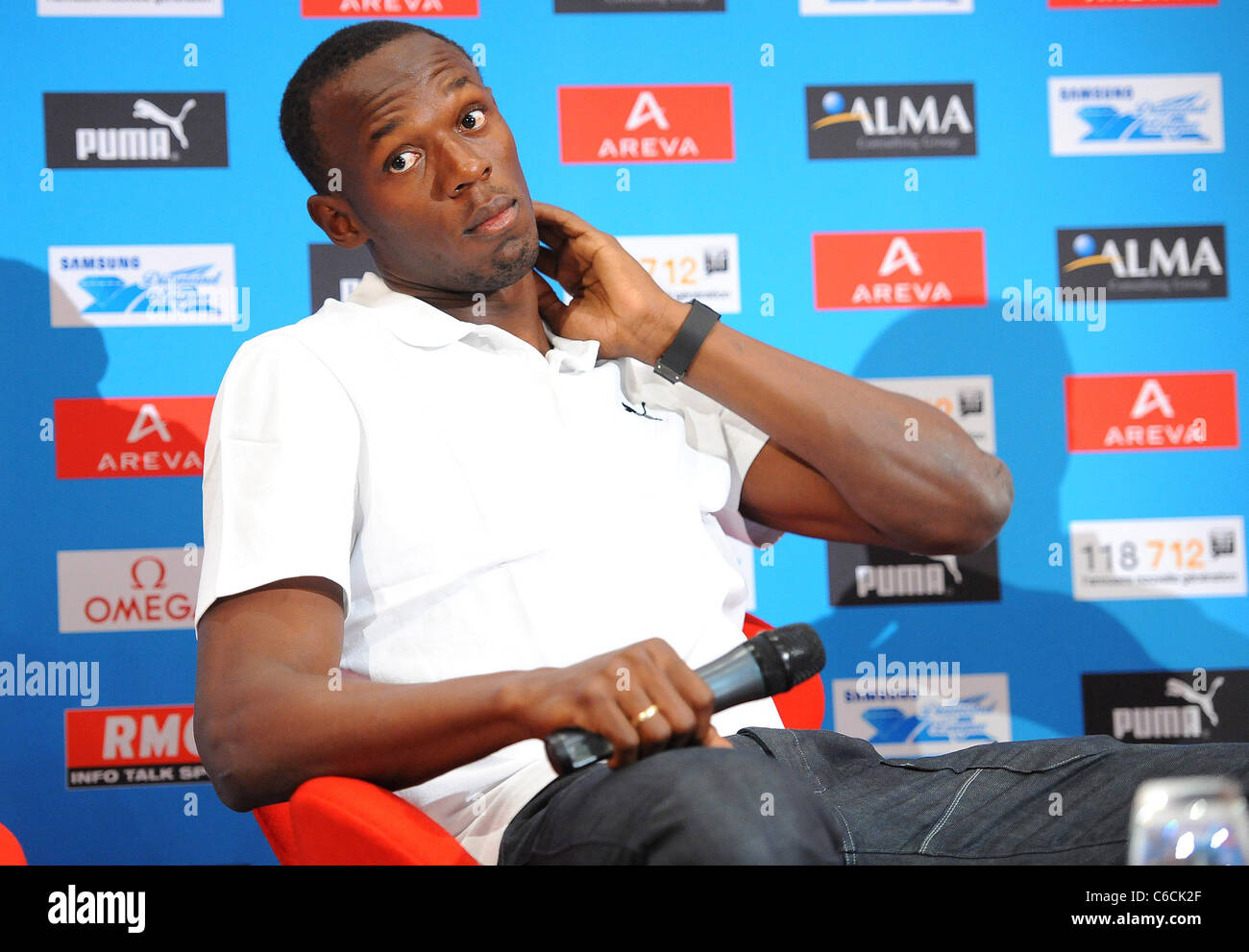 Usain Bolt gives a press conference during the AREVA meeting ...