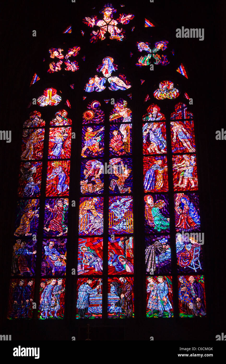 Stained glass window in St Vitus Cathedral Prague Castle Czech Republic ...
