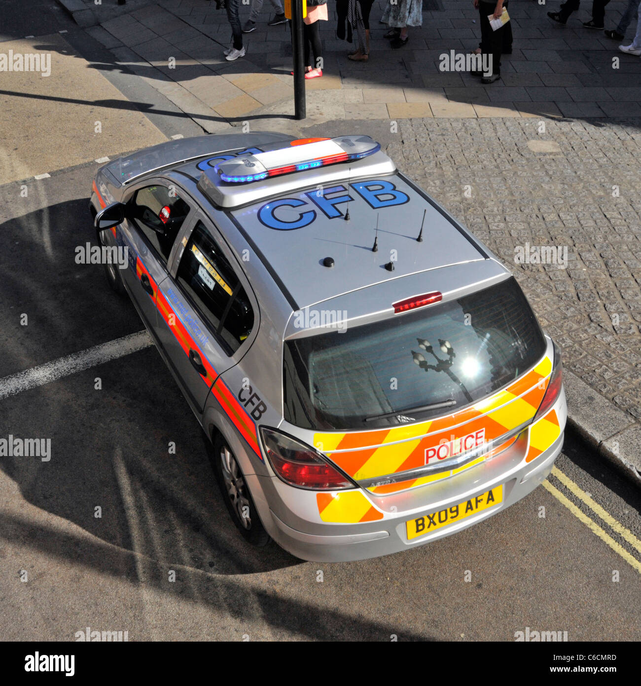 Aerial view looking down from above Metropolitan Police patrol car roof ...