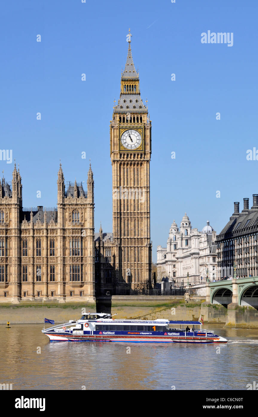 Thames Clipper public transport river bus passing iconic riverside Big ...