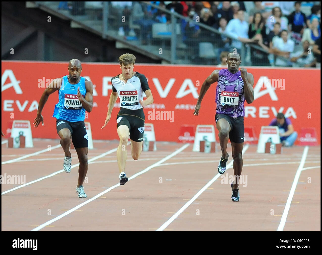 Asafa Powell, Christophe Lemaitre and Usain Bolt participate in the ...