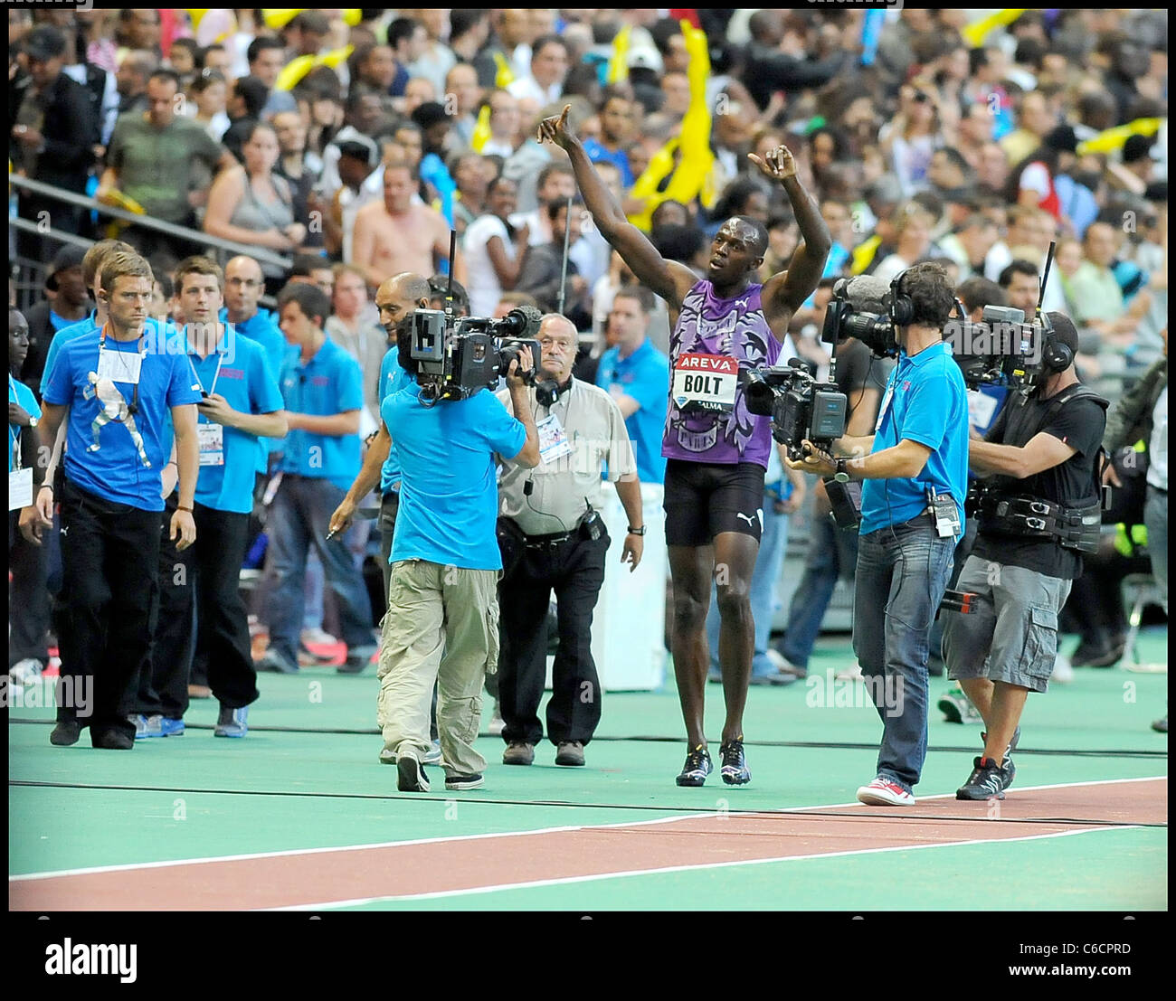 Jamaican Usain Bolt celebrates after he winning the men's 100m event of ...