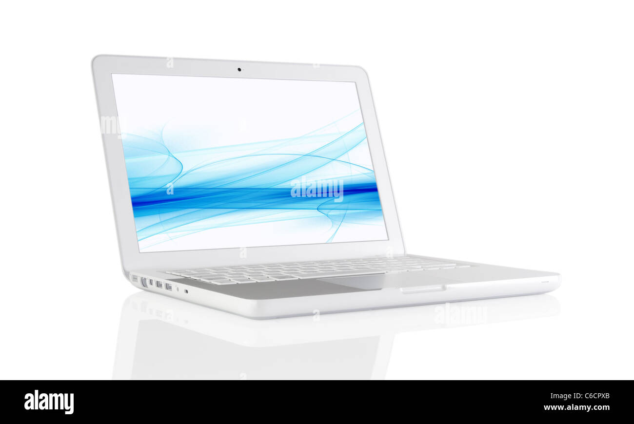 Computer laptop with reflection on a table Stock Photo - Alamy