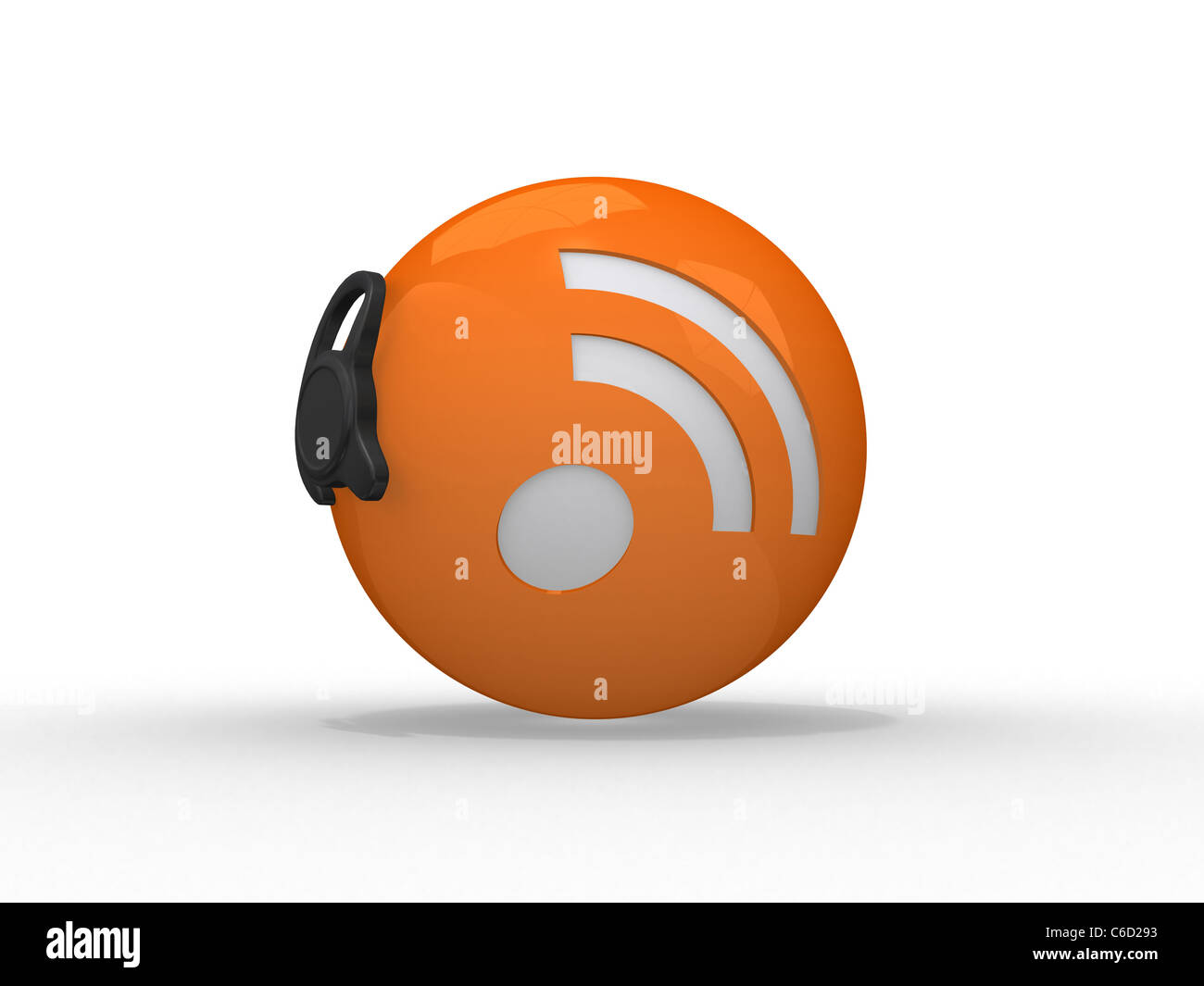 3d illustration of rss symbol with headset, orange sphere over white ...