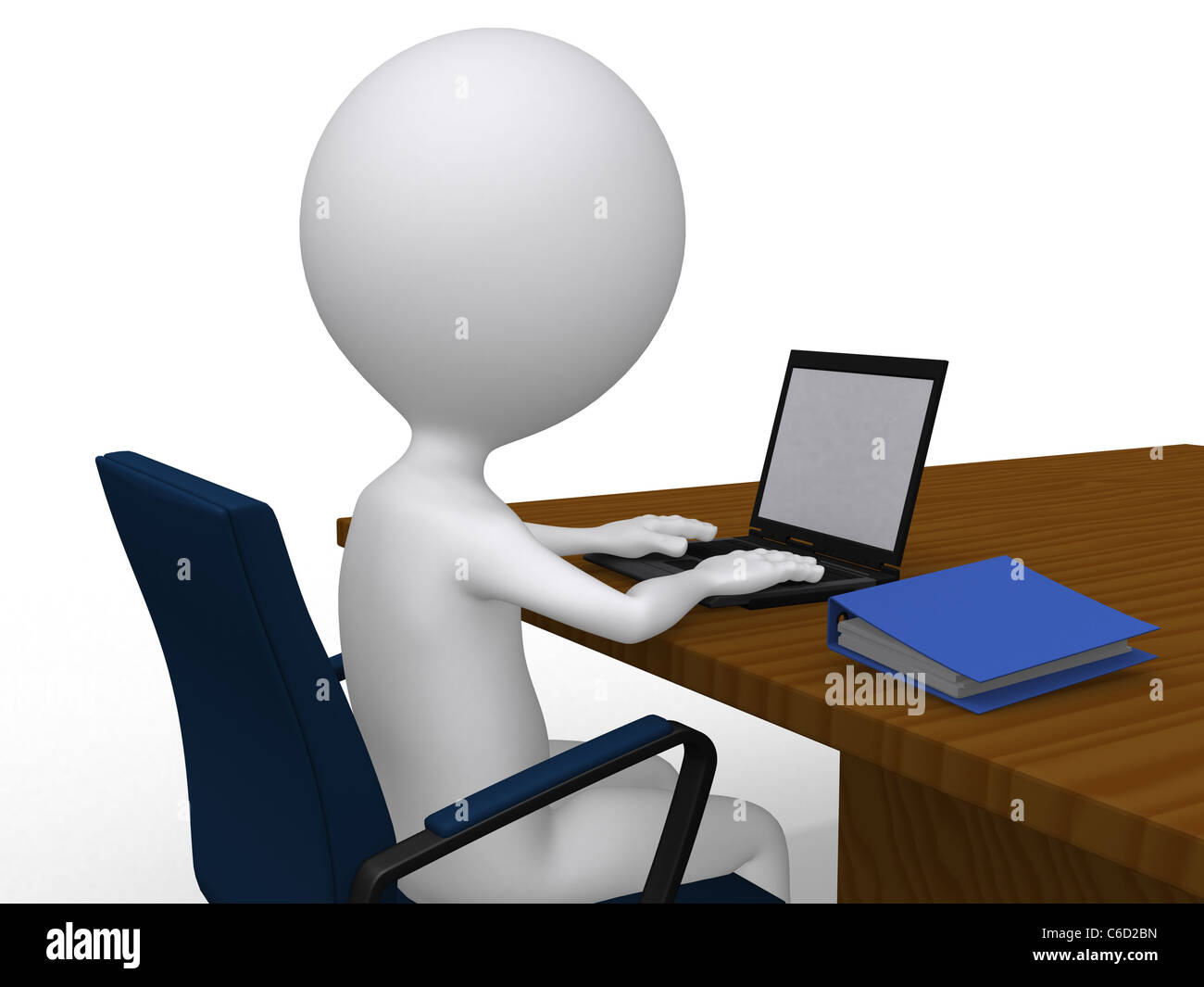 3D business man on his desk with laptop - isolated over a white ...