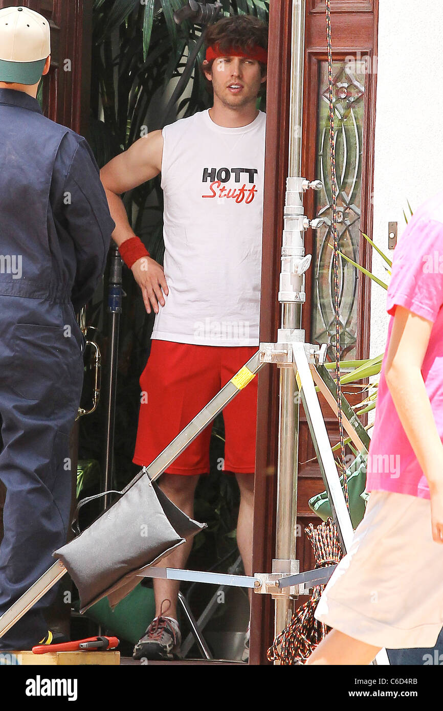 Jon Heder at a movie set filming in Toluca Lake Los Angeles, California ...