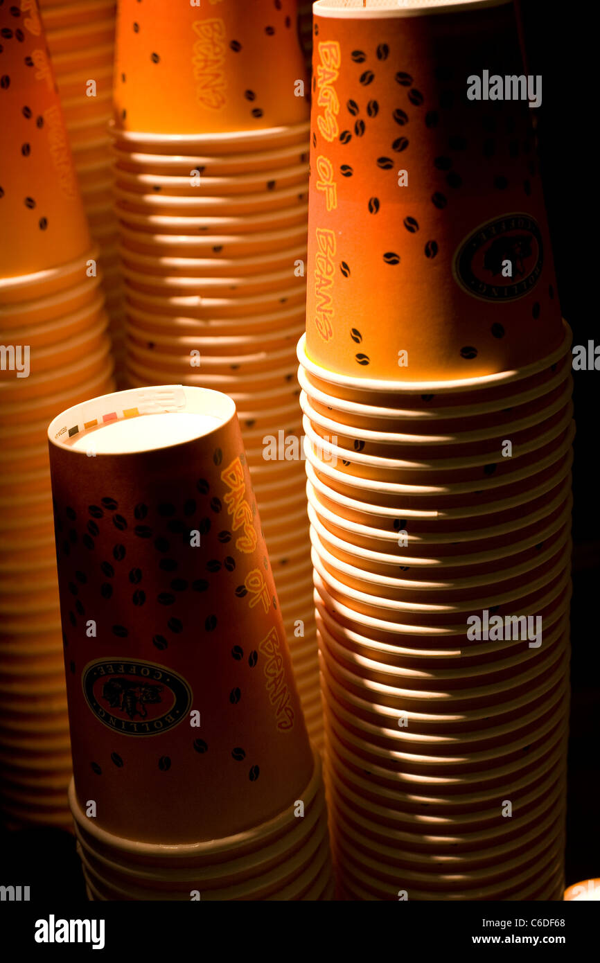 Stack of orange polystyrene cups Stock Photo - Alamy