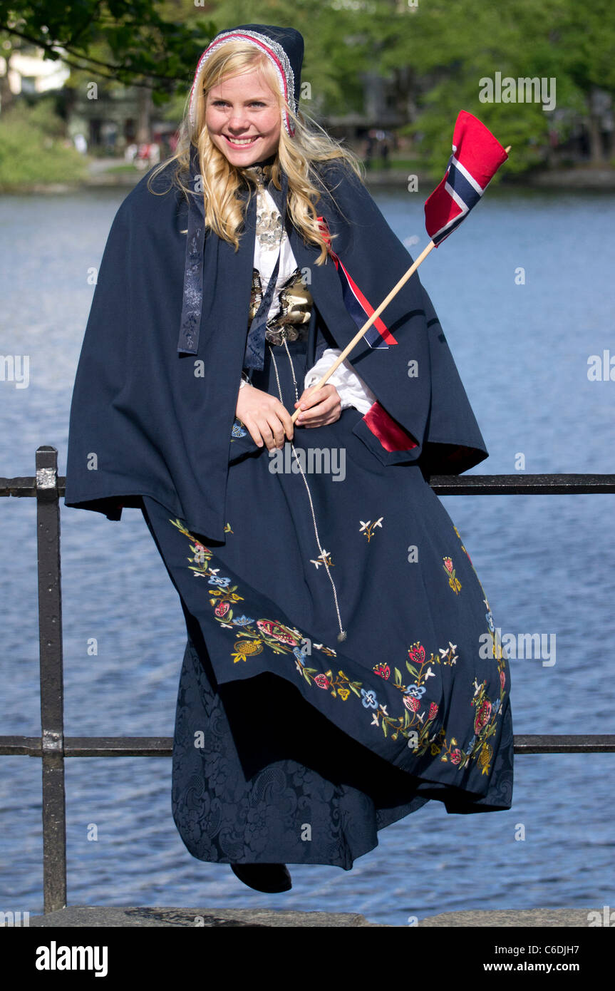Norwegian girl wearing the traditional Norwegian Bunad to celebrate the ...