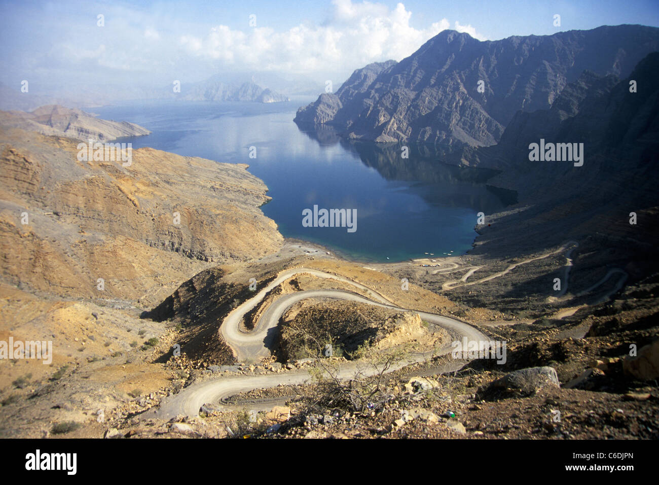 View from Hajar mountains to the fjord, exclave, Khasab, Musandam, Oman ...