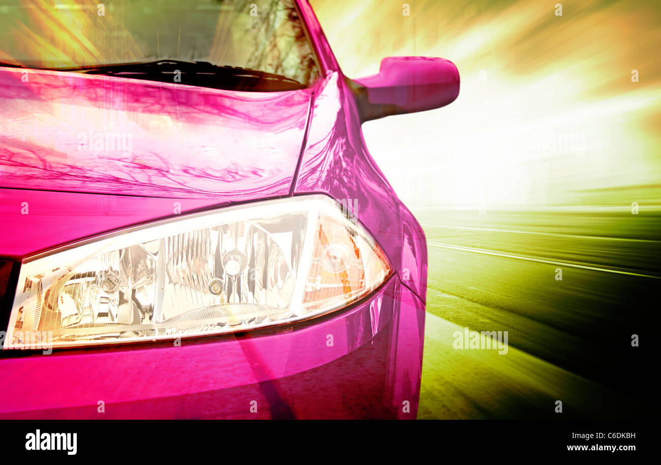 Pink Sport Car - Front side - on the road Stock Photo - Alamy