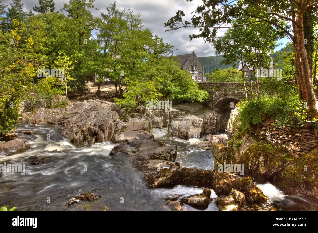 Hdr image of Betws y Coed bridge and waterfall in Wales Stock Photo - Alamy