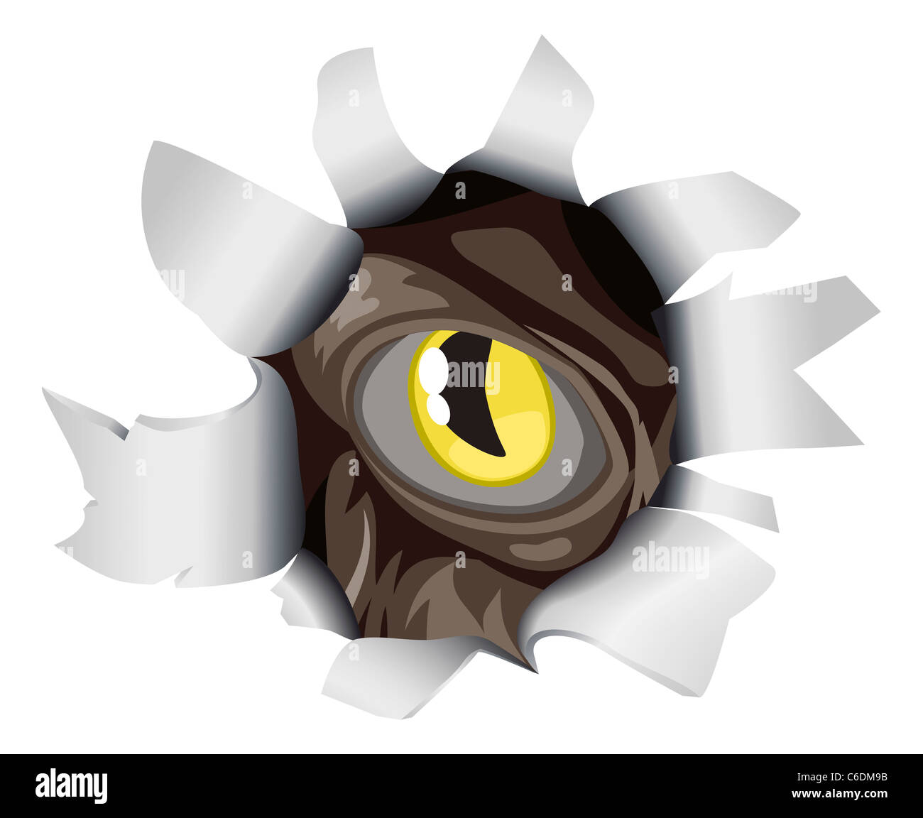 An evil creature eye peering through a hole torn in the background ...