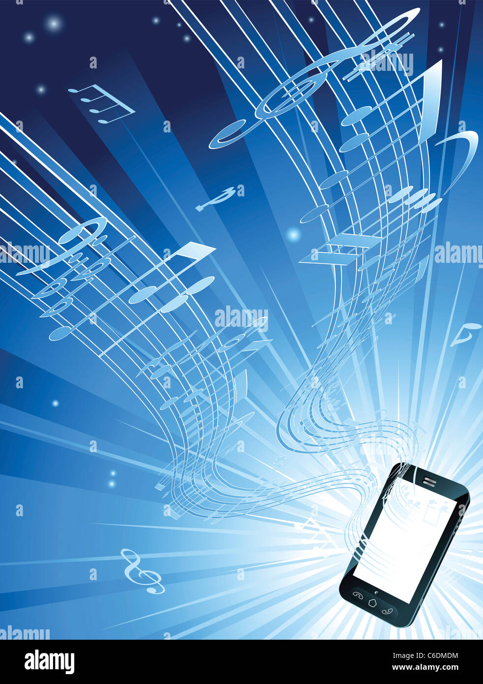 Blue mobile phone music background with musical notes streaming out of ...