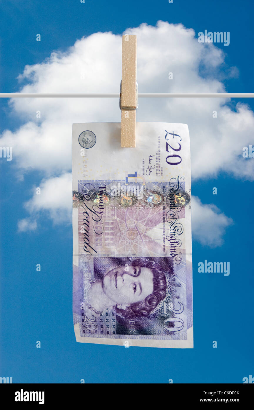 Money laundering. UK £20 note drying on a washing line Stock Photo - Alamy