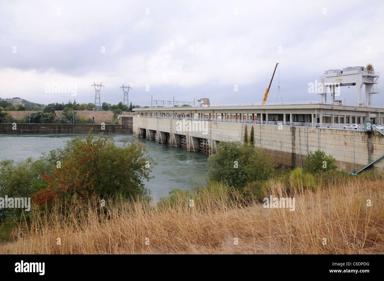 Barrage dam on river Rhone France south of Vallabregues north of ...