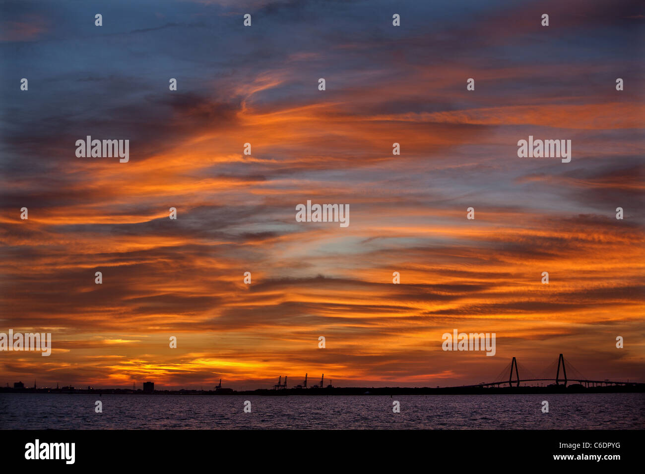 Sunset over Charleston, South Carolina harbor as seen from Mount ...