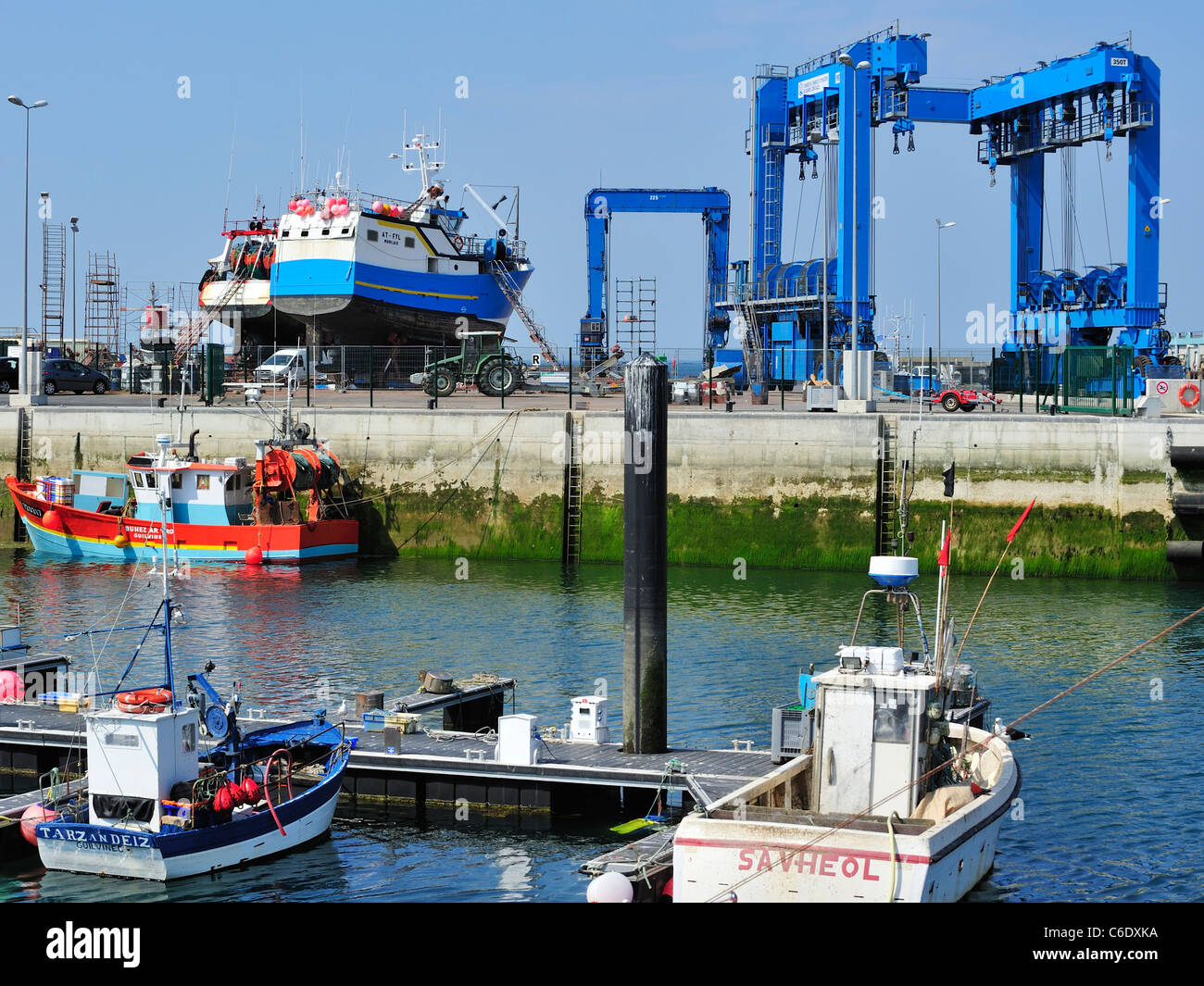 Trawler fishing boats on shipbuilding yard for maintenance works in the ...