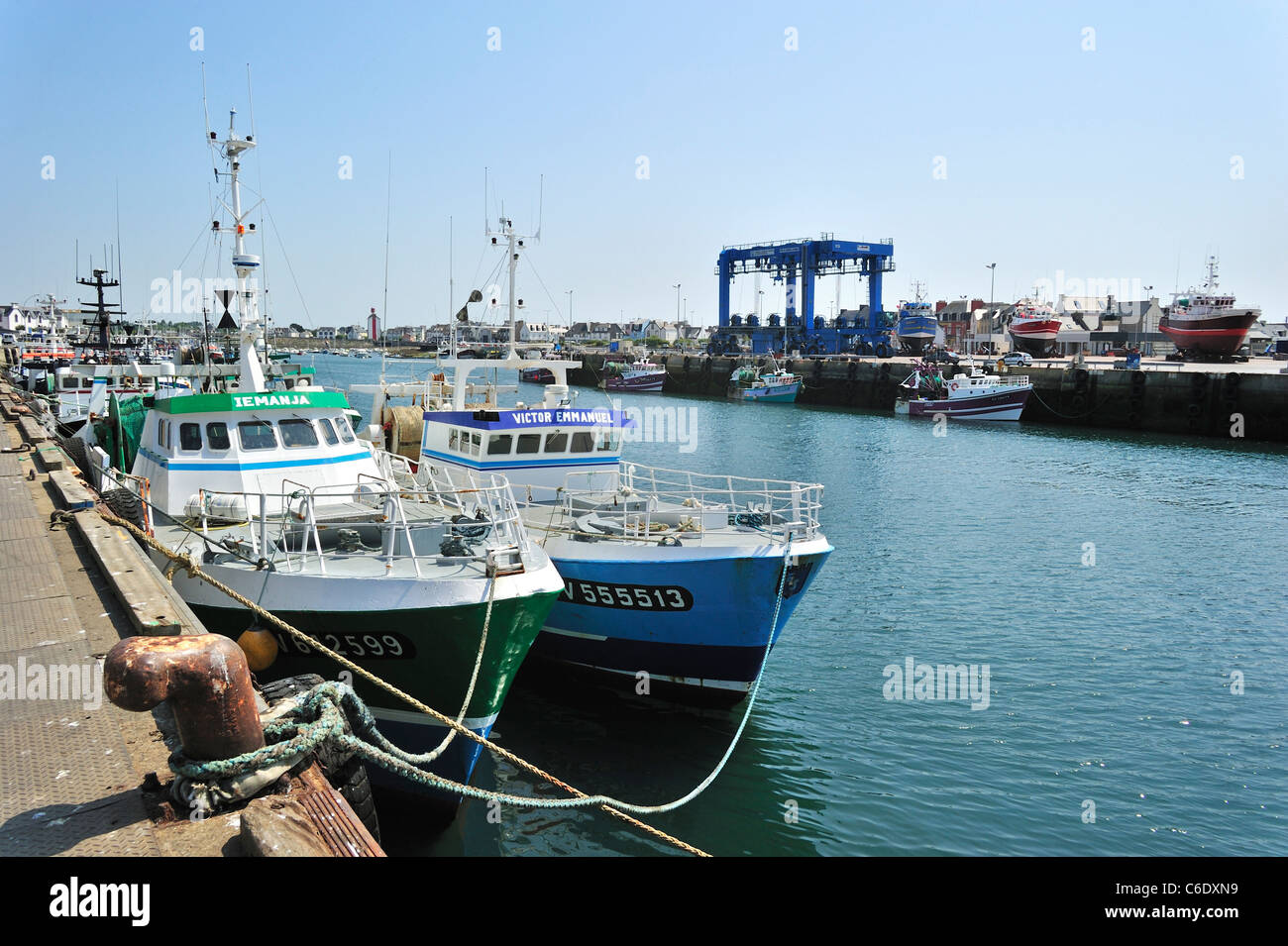 Trawler fishing boats on shipbuilding yard for maintenance works in the ...