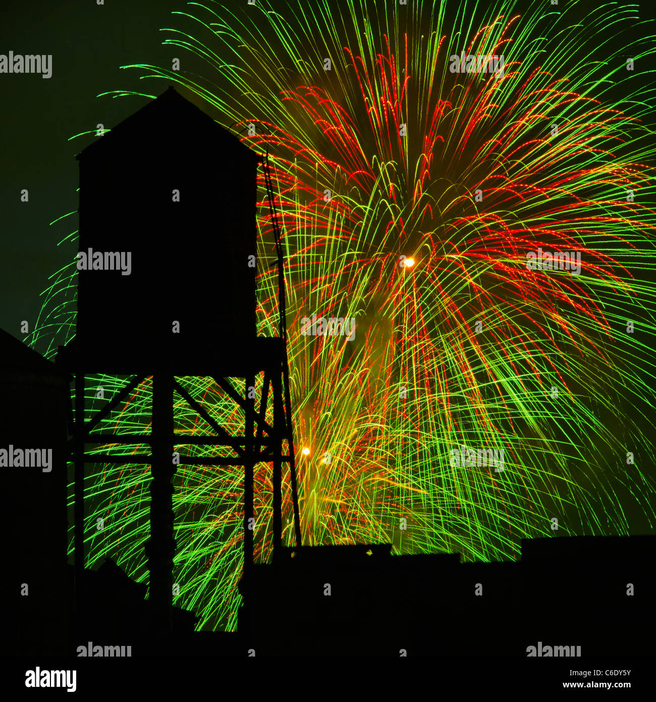 USA, New York, New York City, Fourth of july fireworks over buildings ...
