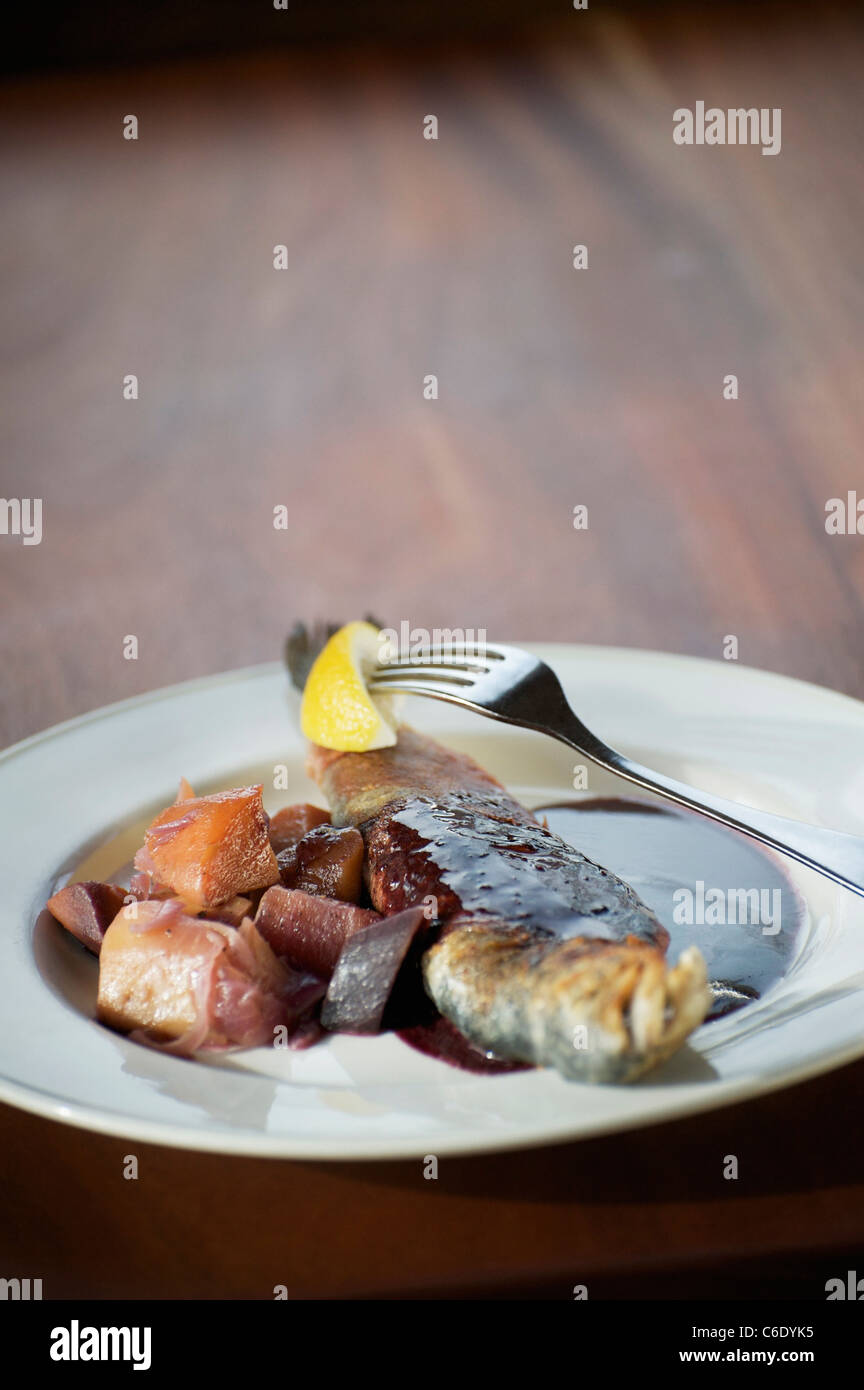 Italian trout with beets and red wine sauce Stock Photo - Alamy