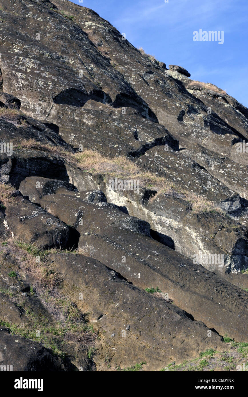Unfinished Moai statues in the mountain at Rano Raraku. Rapa Nui ...