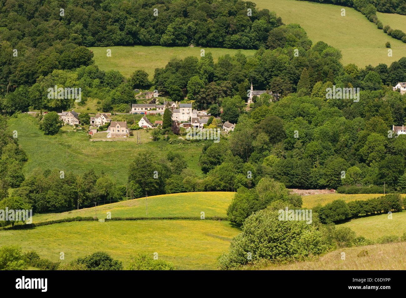 Cotswold village of Slad from Swift's Hill Nature Reserve, near Stroud ...