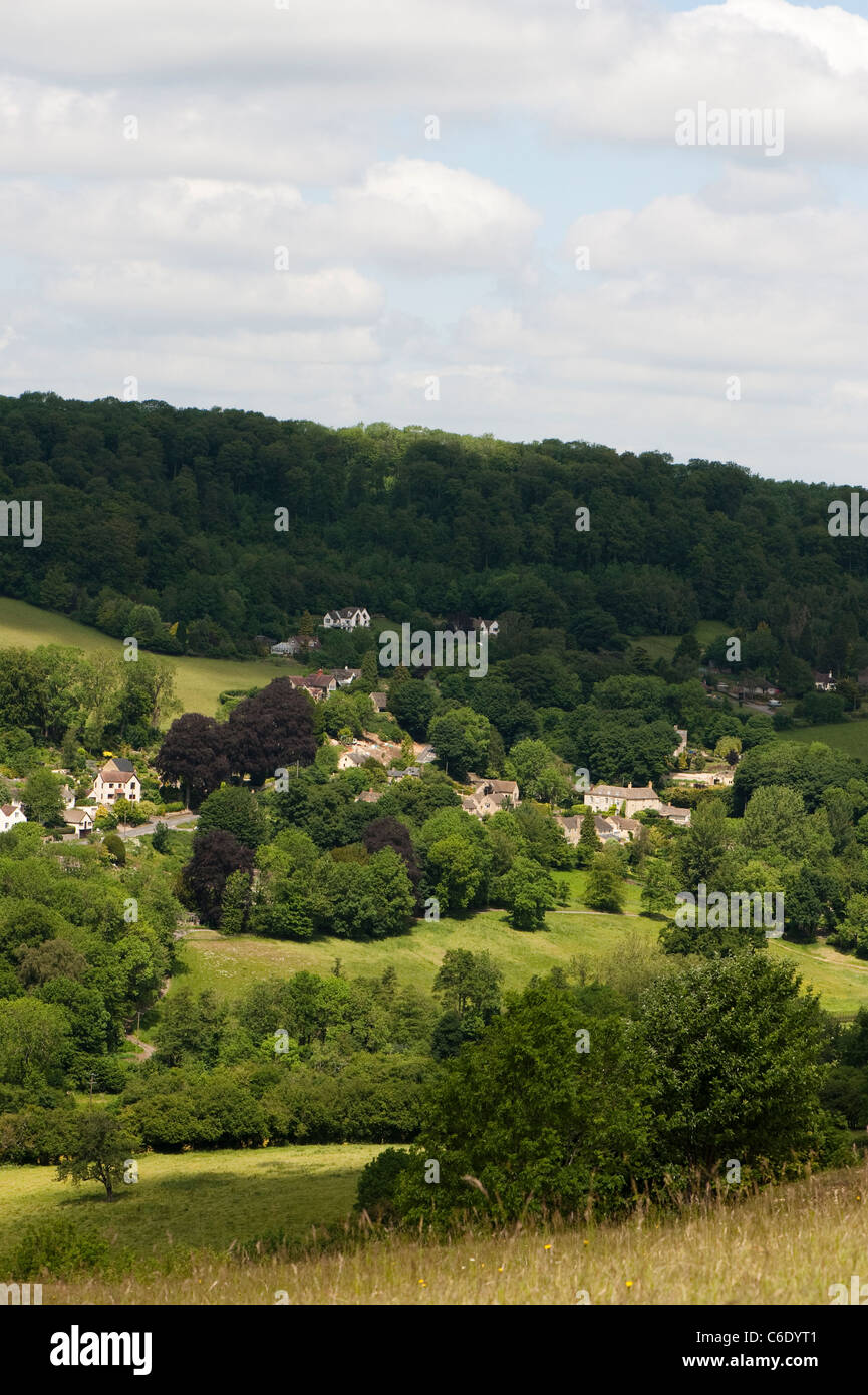 Cotswold village of Slad from Swift's Hill Nature Reserve, near Stroud ...