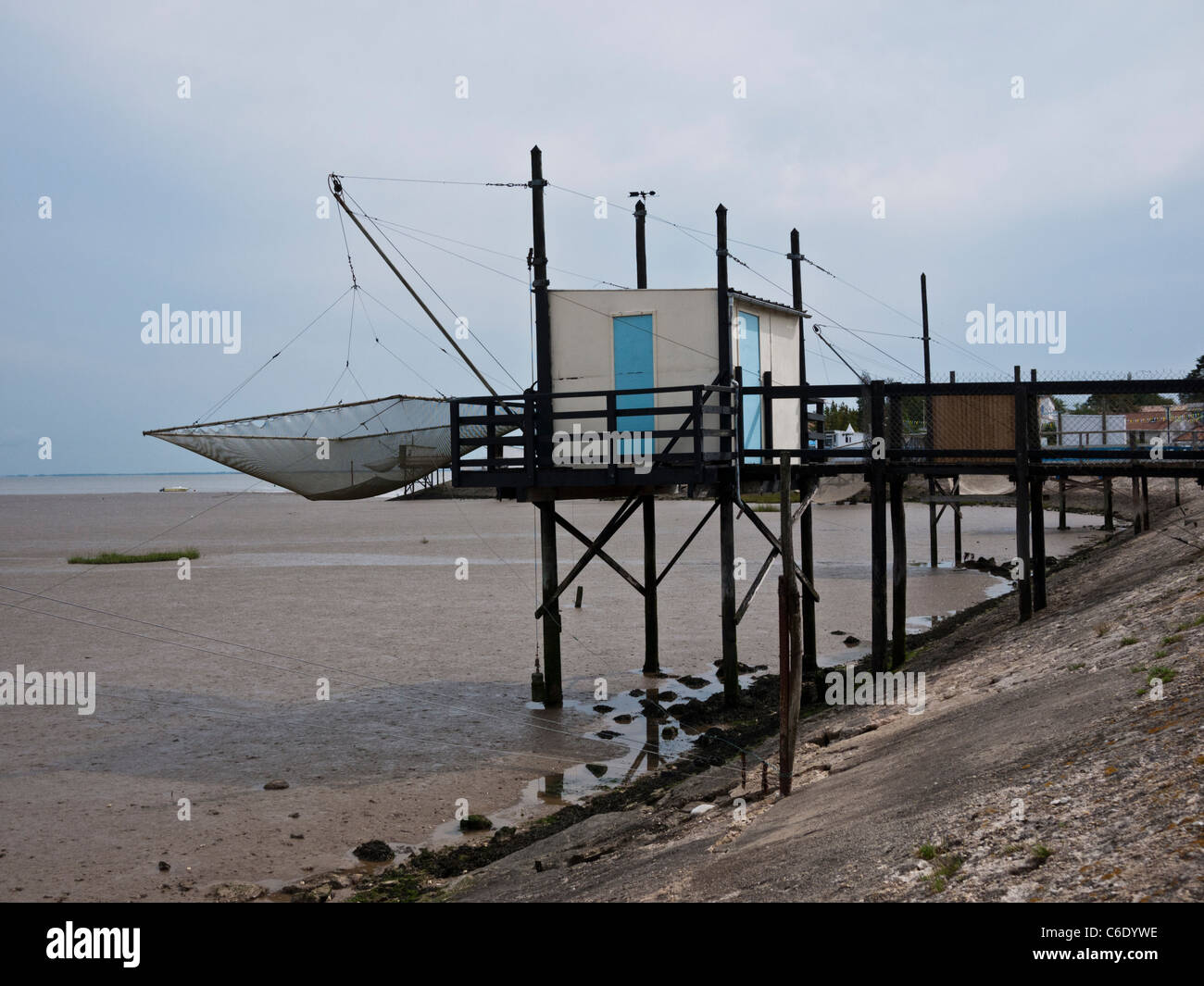 Fishermens hut with suspended nets, carrelets, on the Gironde Estuary ...