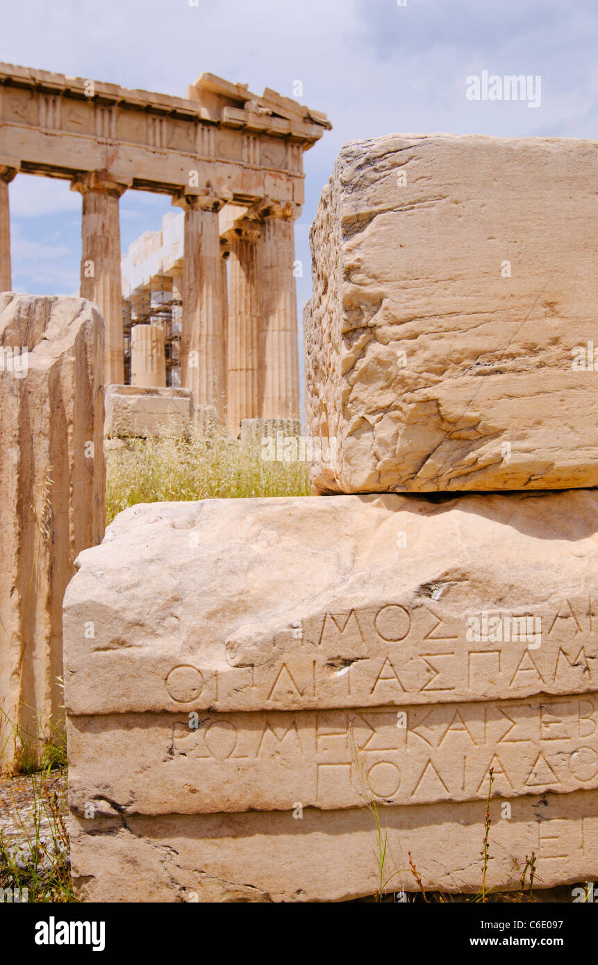 Greece, Athens, Acropolis, Greek inscription on ruins of Parthenon ...