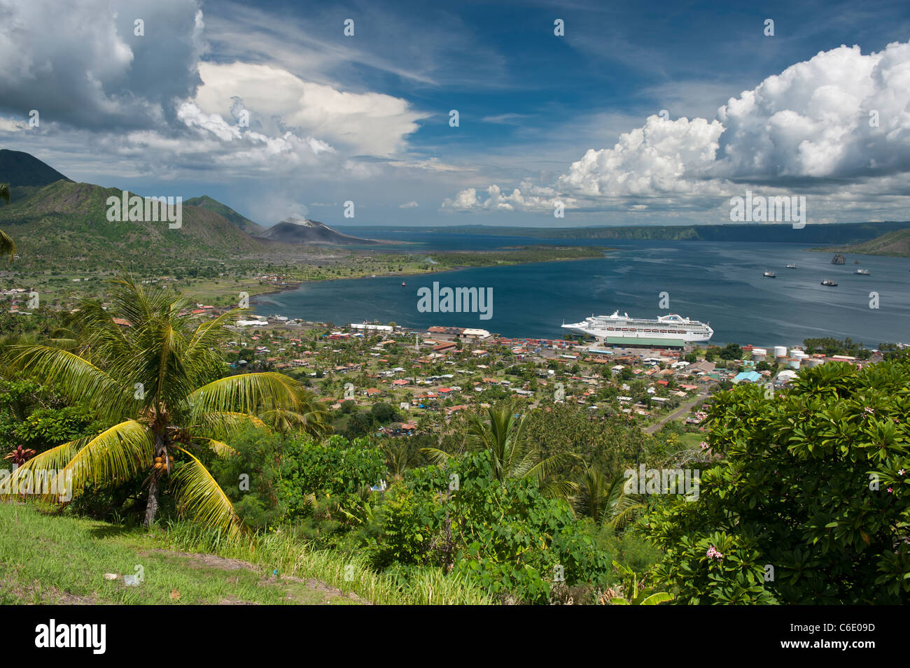Panoramic view of Rabaul Bay and Town with Cruise Ship and Active ...