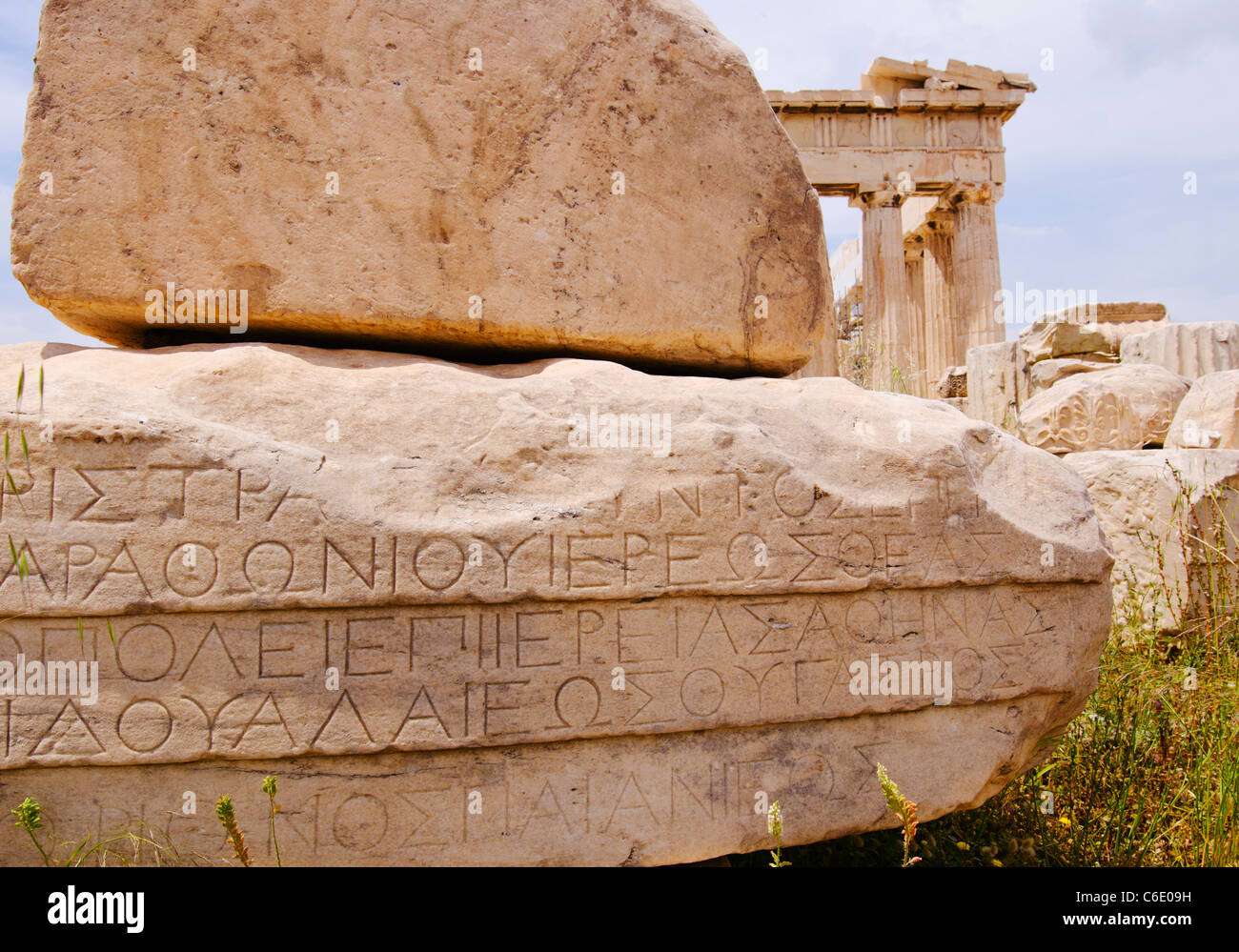 Greece, Athens, Acropolis, Greek inscription on ruins of Parthenon ...