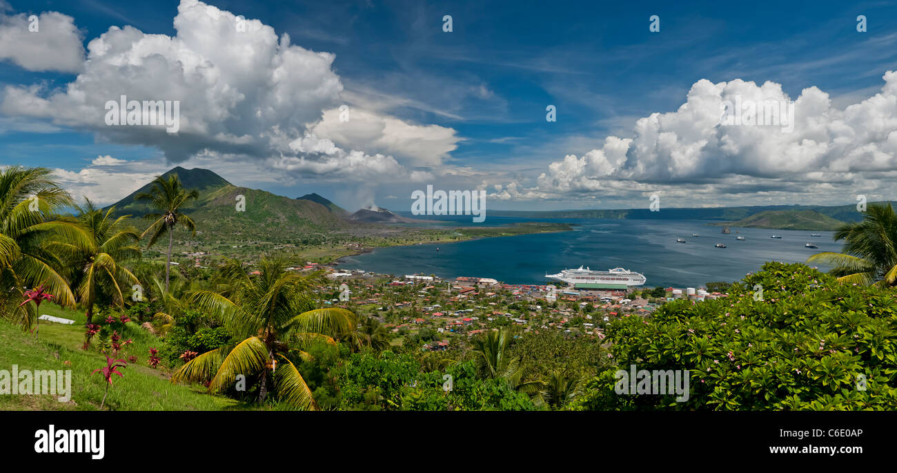 Panoramic view of Rabaul Bay and Town with Cruise Ship and Active ...