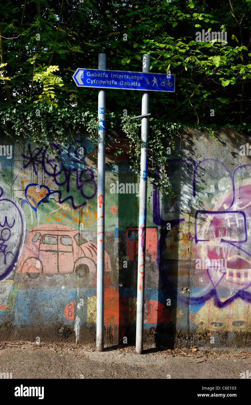 Cycle path signposts in Cardiff, Wales in front of a graffiti full wall ...