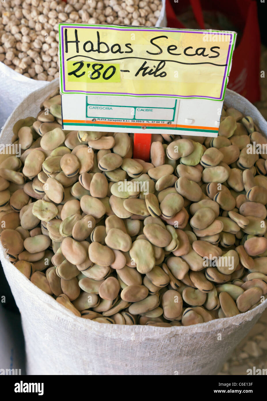 Bag of dried butter beans on sale by the kilo in a Malaga, Spain shop ...