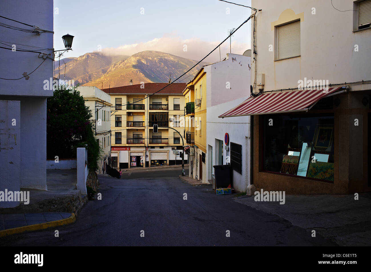 Spanish Street with Mountain Backdrop Stock Photo - Alamy