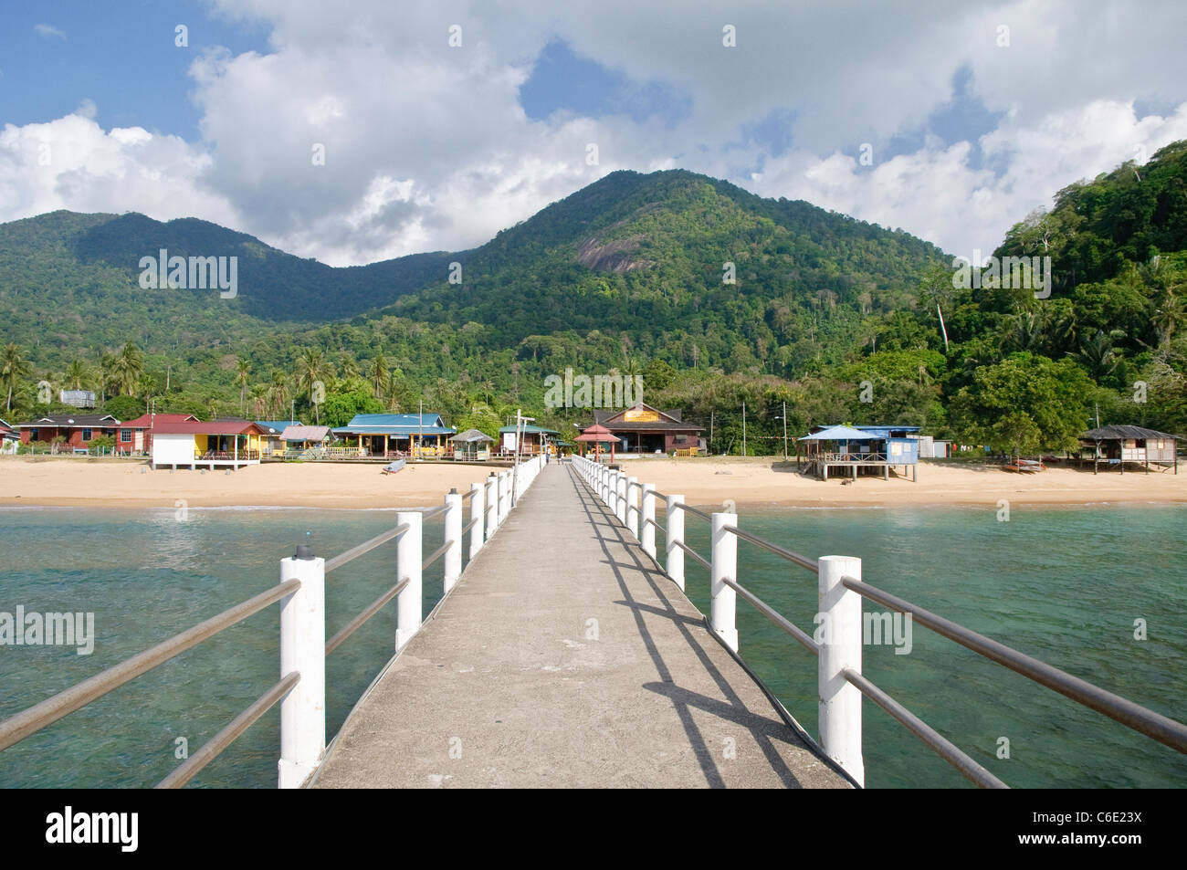 Pier and huts on the beach of Paya, Pulau Tioman Island, Malaysia ...