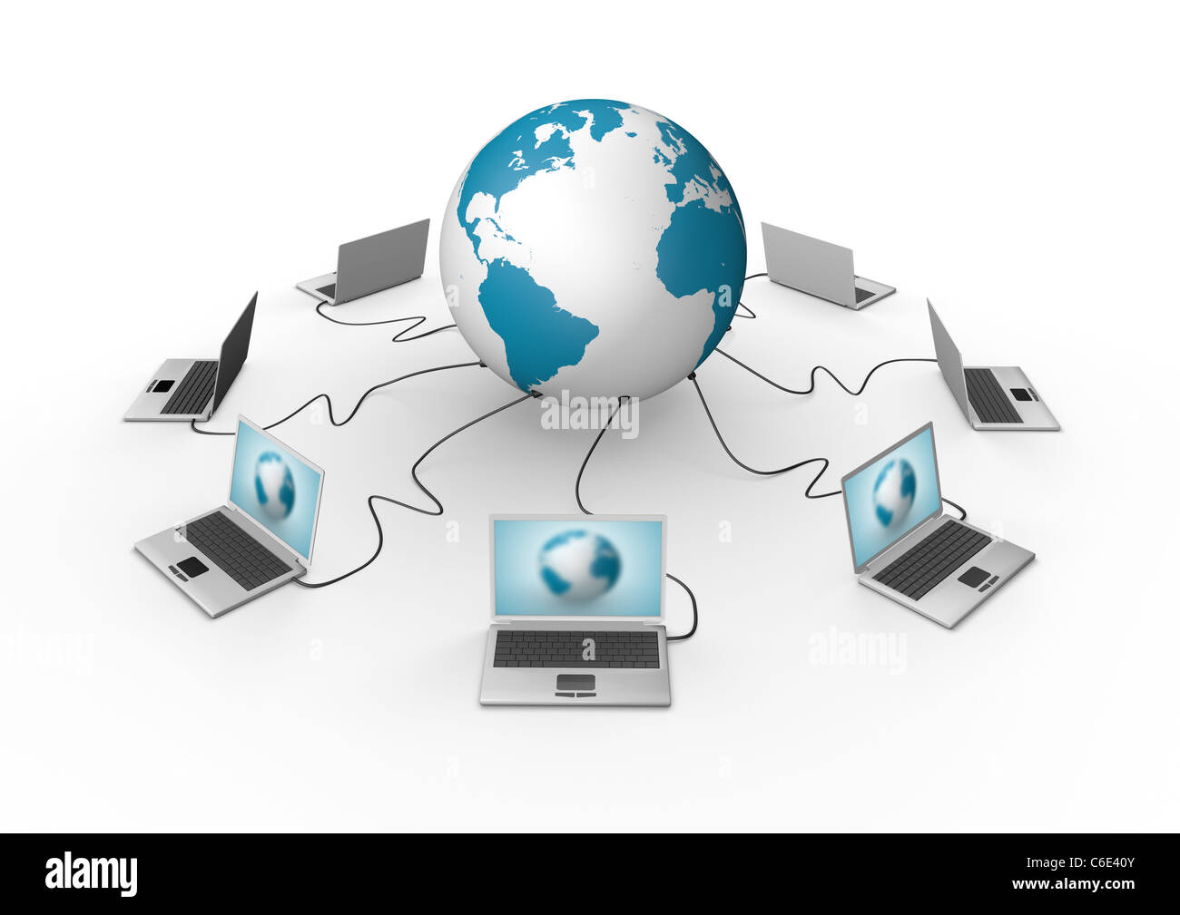 render of laptops connected to the world Stock Photo - Alamy