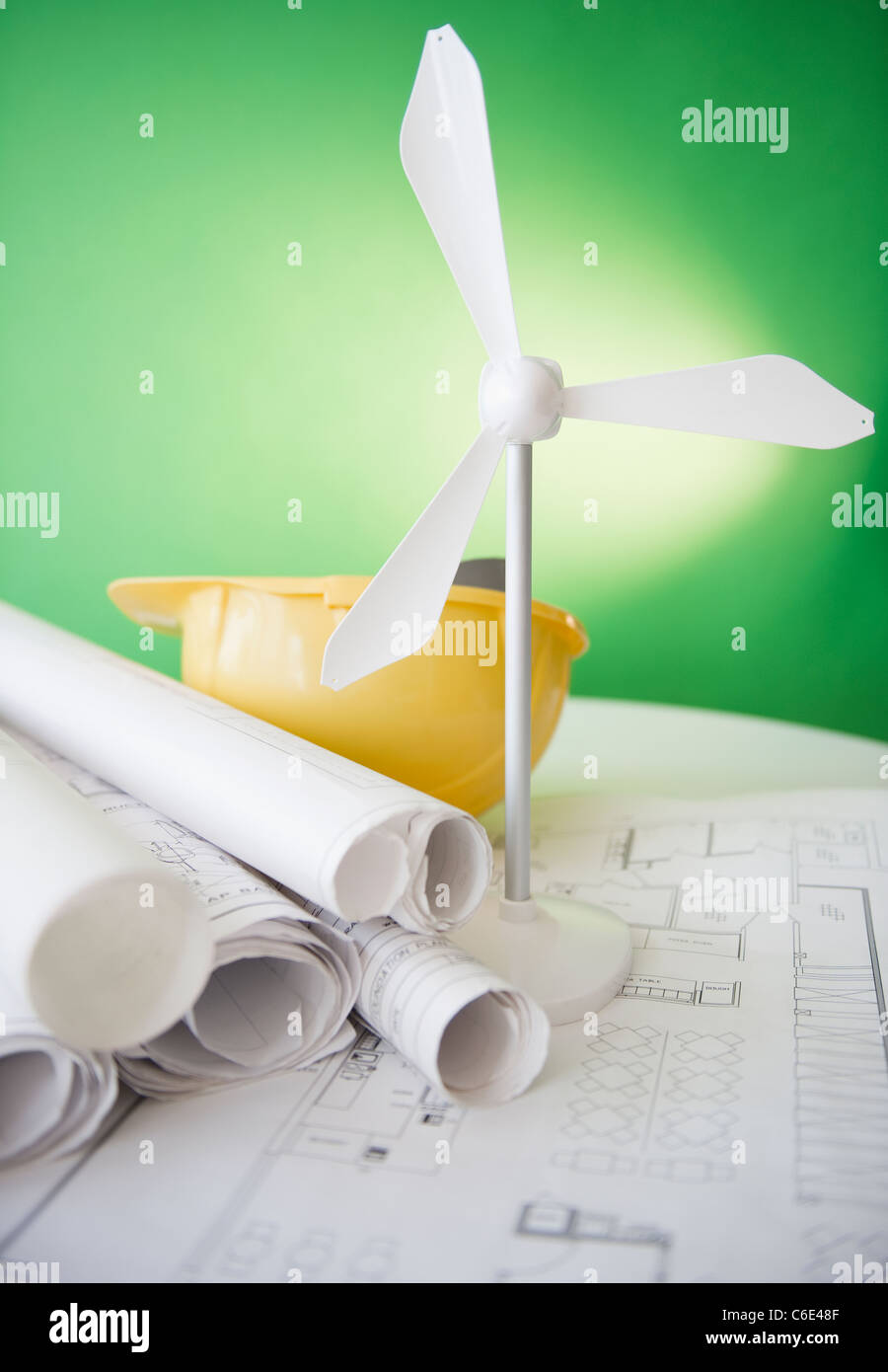 Close up of model of wind turbine and blueprints Stock Photo - Alamy