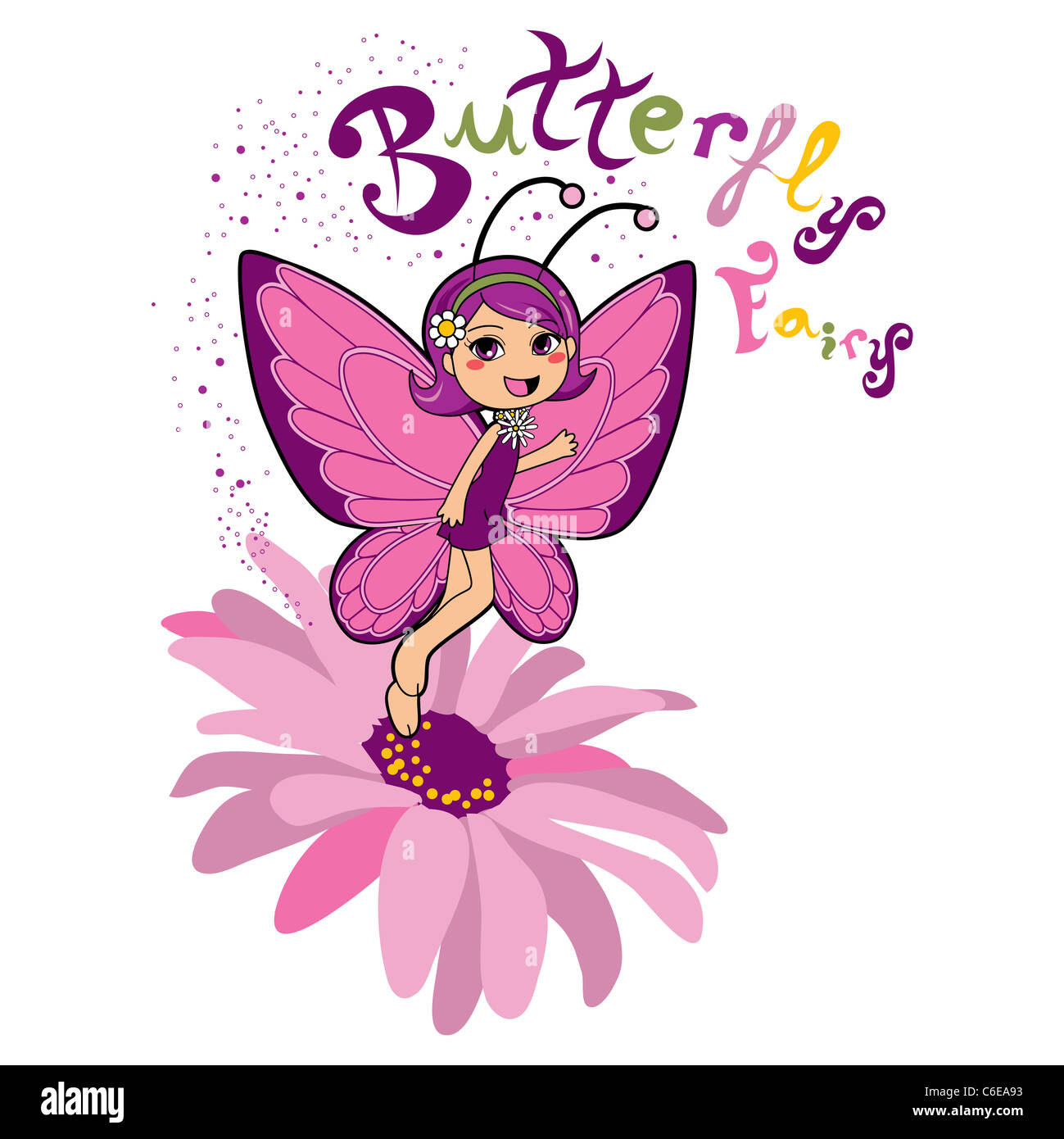 Cute butterfly fairy making happiness magic levitating over a pink ...