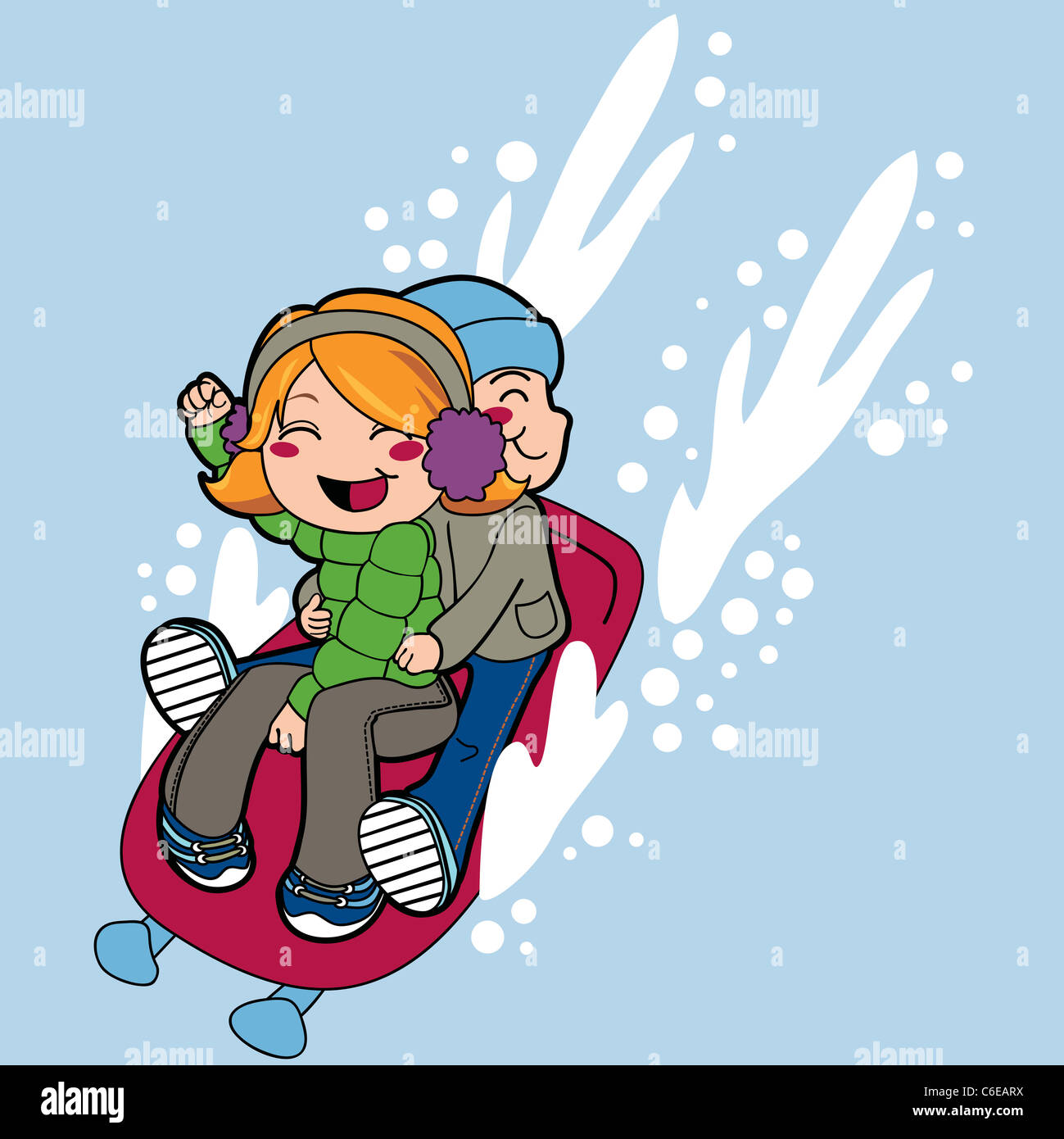Boy and a girl friends riding sled fast on snow Stock Photo - Alamy