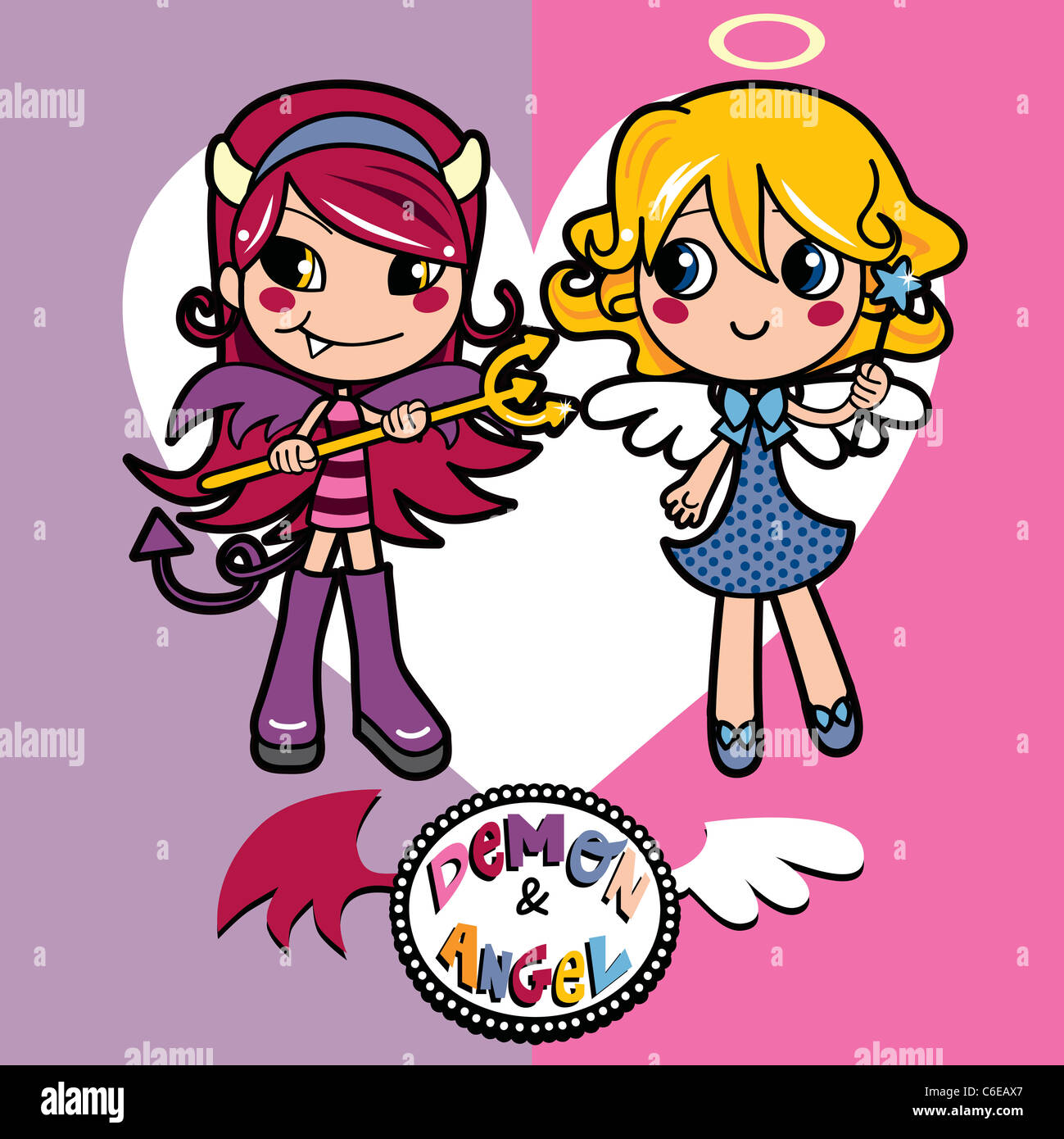 Adorable little girls wearing angel and demon costumes together Stock ...