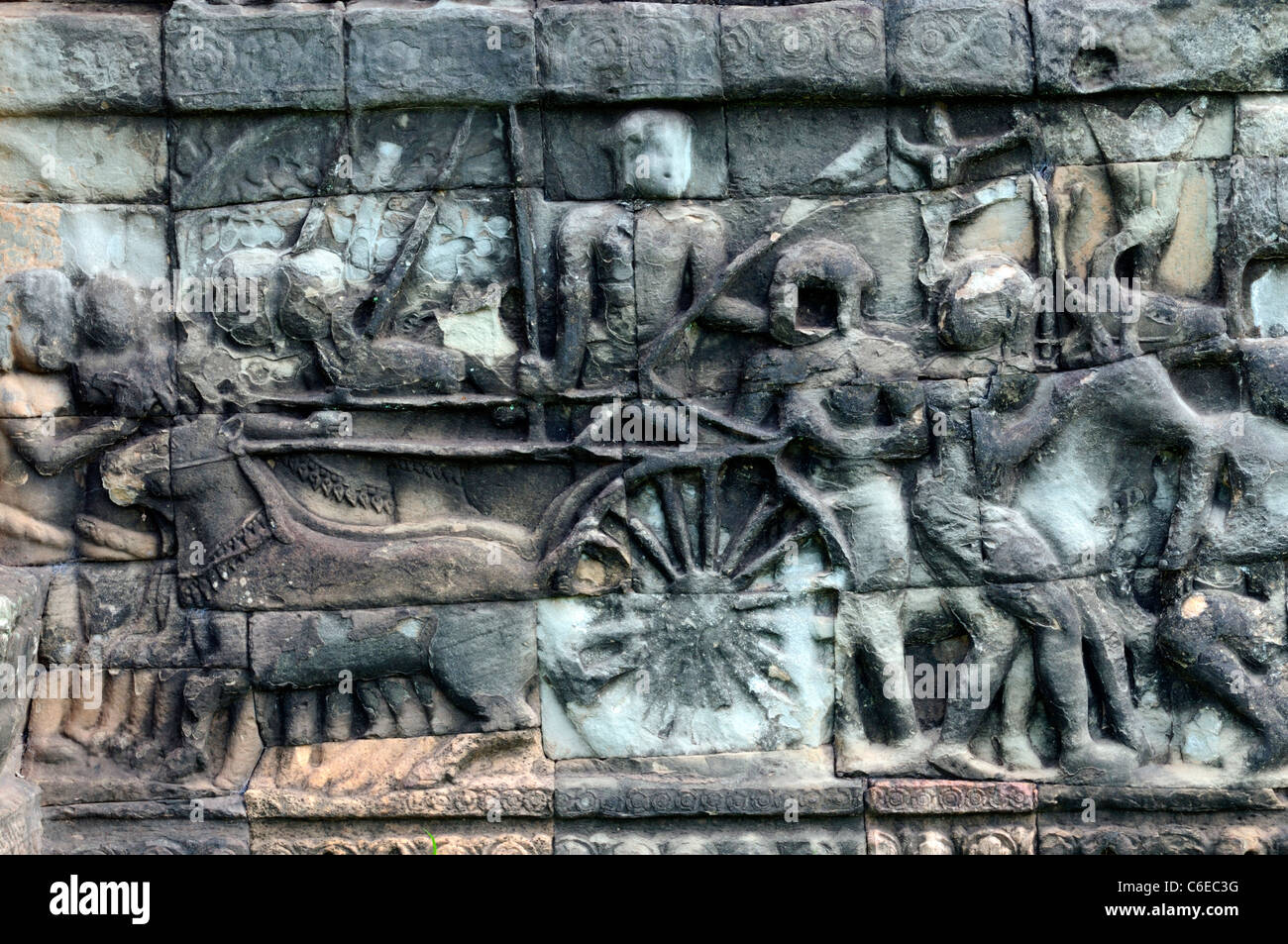 Angkor Thom Siem Reap Cambodia wall carving chariot warriors soldiers ...